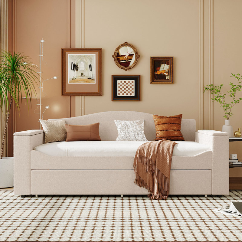 Laren Upholstered Daybed with Storage Armrests Trundle and Bluetooth Audio System Red Barrel Studio Color Beige Size Twin